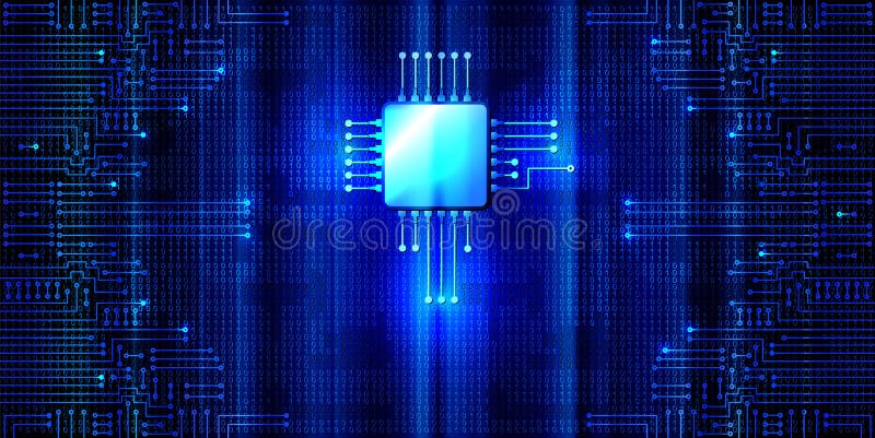 Modern Electronic Circuit and Binary Code on Blue Glowing Background ...