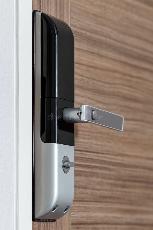 Modern Electronic Door Lock with Handle on Wooden Door Stock Photo ...