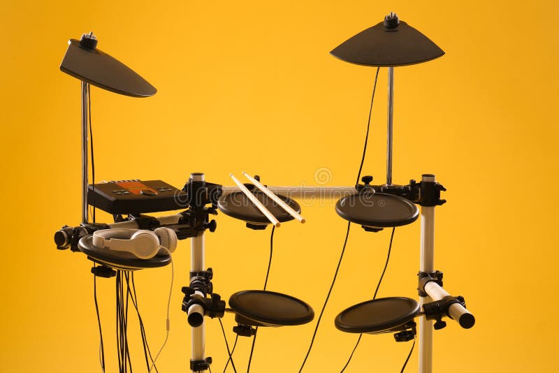 Drum Kit and Yellow Electric Guitar in a Professional Music Studio ...
