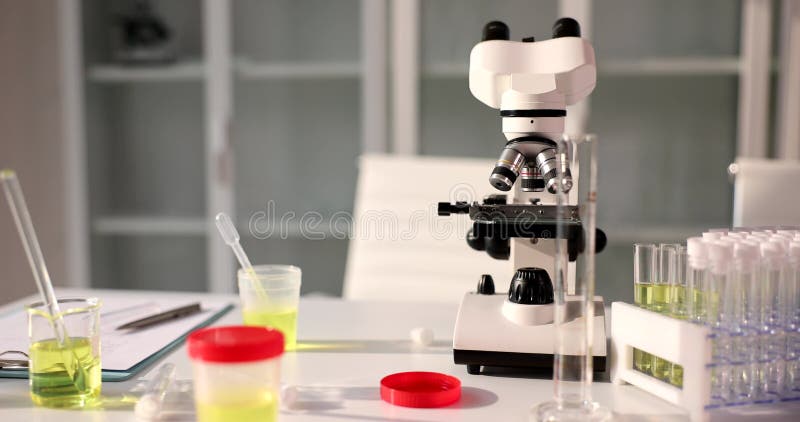 Modern Electronic Microscope Near Containers with Urine Stock Video ...