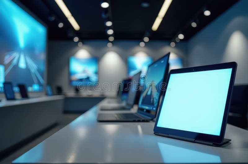 Modern Electronic Store Display with Laptops and Tablets in Dim ...