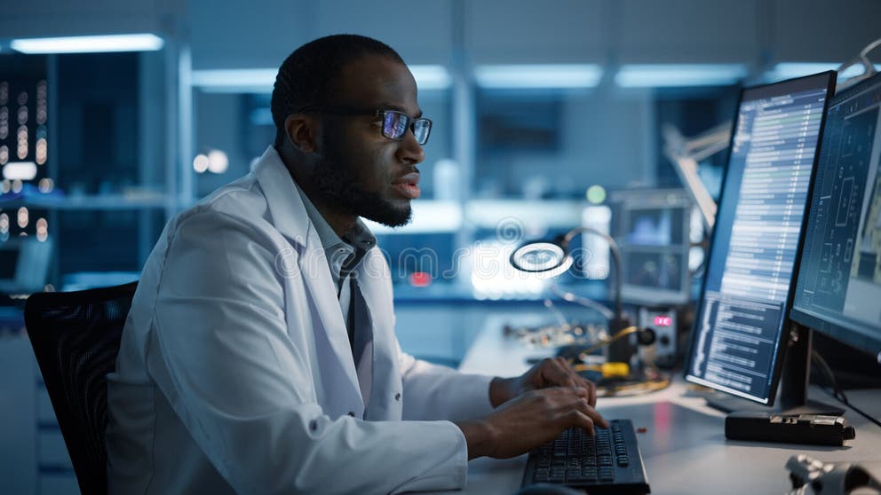 Modern Electronics Development Facility: Male Engineer Works on ...