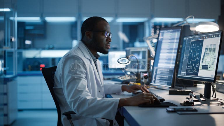 Modern Electronics Development Facility: Male Engineer Works on Computer with CAD Programming ...