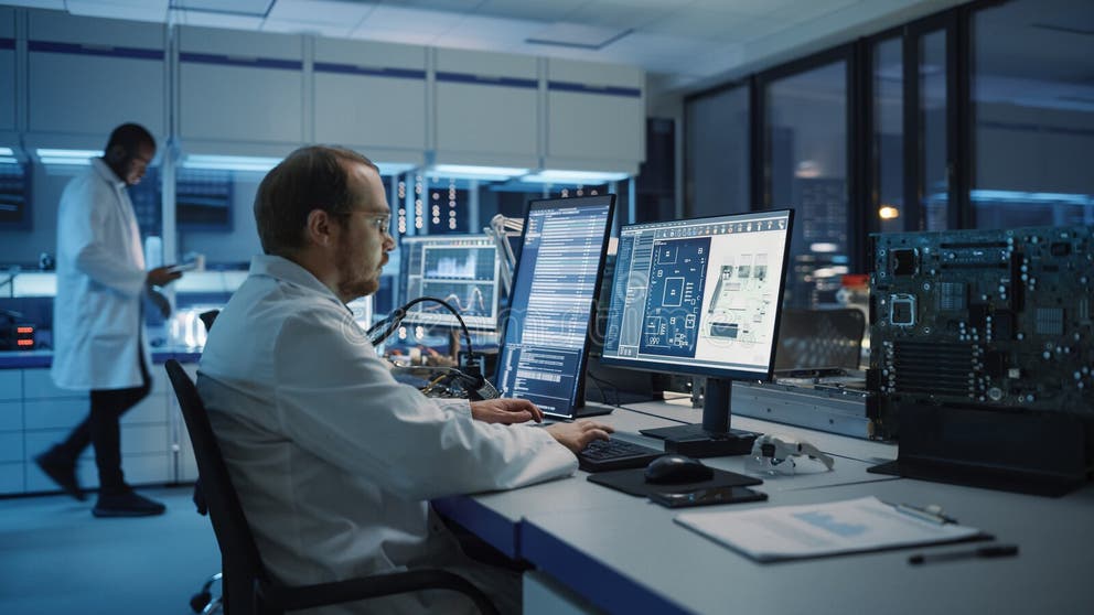 Modern Electronics Facility: Scientist, Engineer Works on Computer with ...