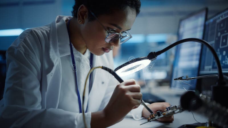 Modern Electronics Research, Development Facility: Black Female Engineer Does Computer ...