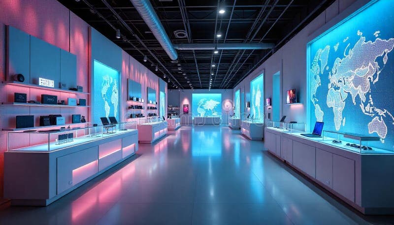 Modern Electronics Retail Store Interior with World Map Displays Stock ...