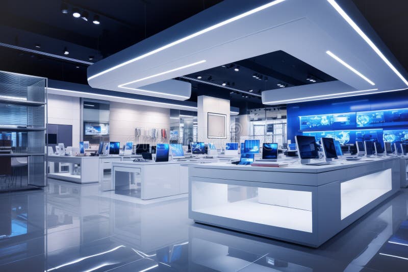Modern Electronics Store, Blue Lighting, Sleek Displays, Futuristic ...
