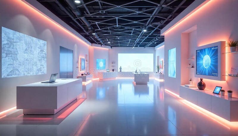 Modern Electronics Store Interior Illuminated with Pink Neon Lights ...