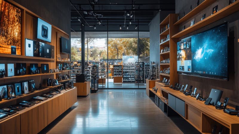 Modern Electronics Store Interior with Wood and Concrete Design AI ...