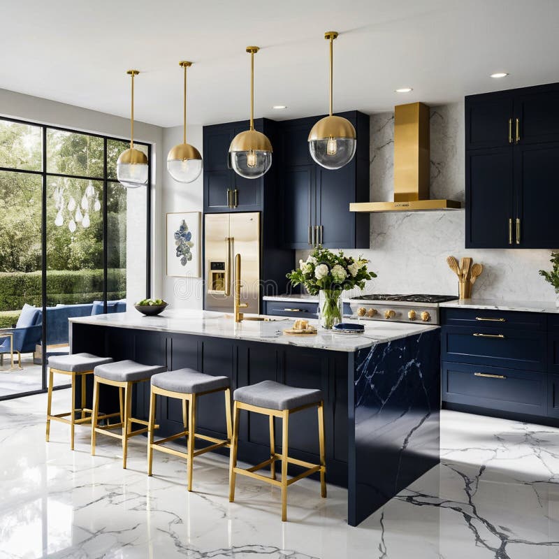 Modern Elegant Kitchen Design in Dark Tones and Open Space Stock ...