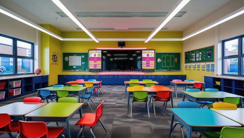 Elementary School Classroom with Colorful Desks and Chairs in a Grid ...