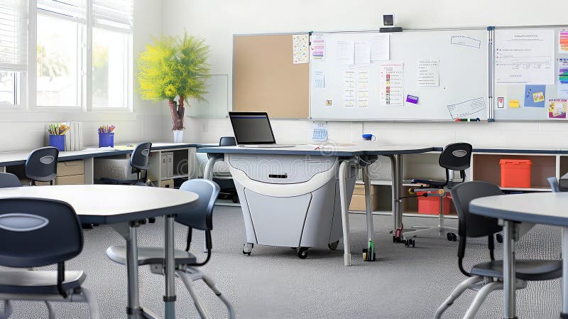 Modern Elementary School Classroom with Desks and Whiteboard Stock ...