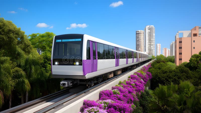 Modern Elevated Train Transit System in City with Lush Greenery Stock ...