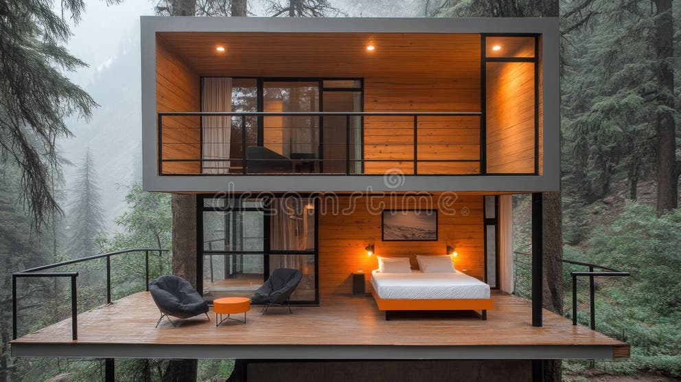 Modern Elevated Treehouse in Lush Forest Setting Stock Image - Image of ...