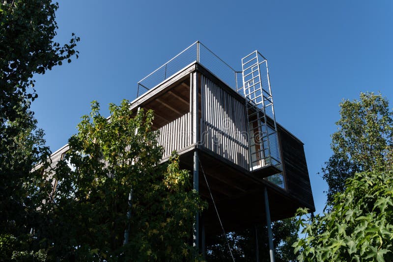 Modern Elevated Wood Cabin Facade Stock Photo - Image of balcony ...