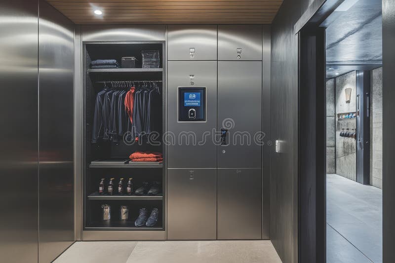 A Modern Elevator Area Featuring Storage for Clothing and Shoes, with a ...