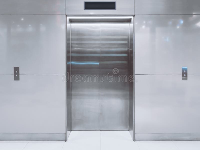 Modern Elevator with Closed Doors in Lobby Stock Image - Image of push ...