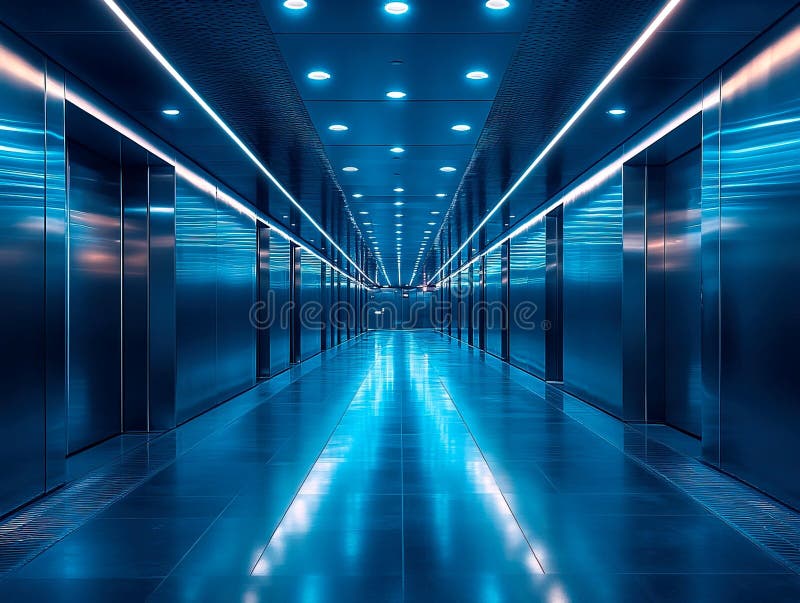 A Modern Elevator Corridor, Illuminated with Blue Lights and Reflective ...