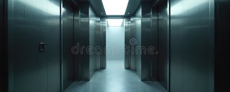 Modern Elevator Corridor with Slightly Open Doors Revealing a Bright ...