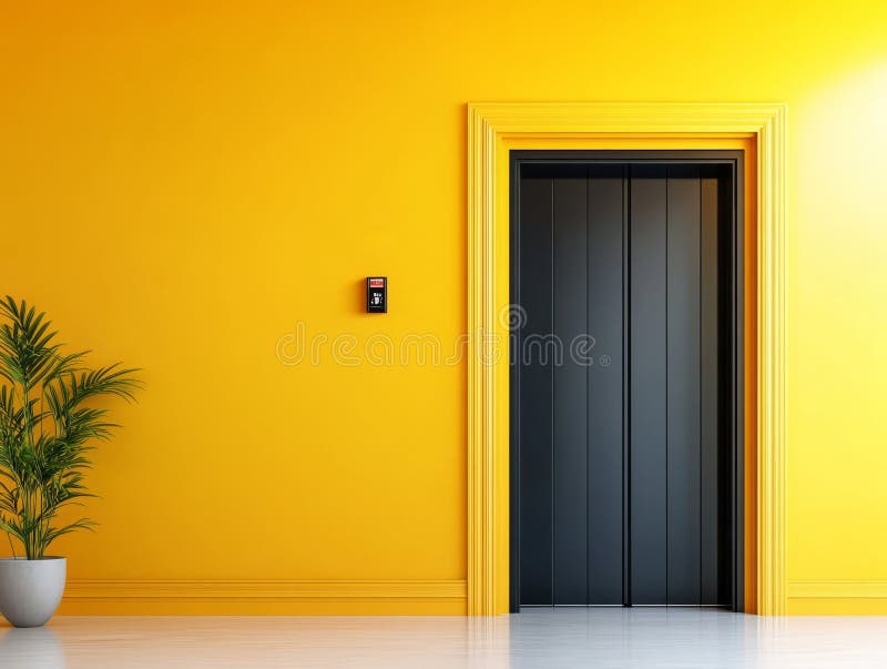 Modern Elevator Design Featuring Black Doors Against Bright Yellow Wall ...