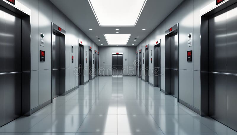Modern Elevator Hall Shows Shiny Metal Elevator Doors with Floor ...