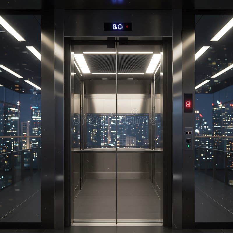 Modern Elevator Interior with City Night View, Commercial Space Stock ...