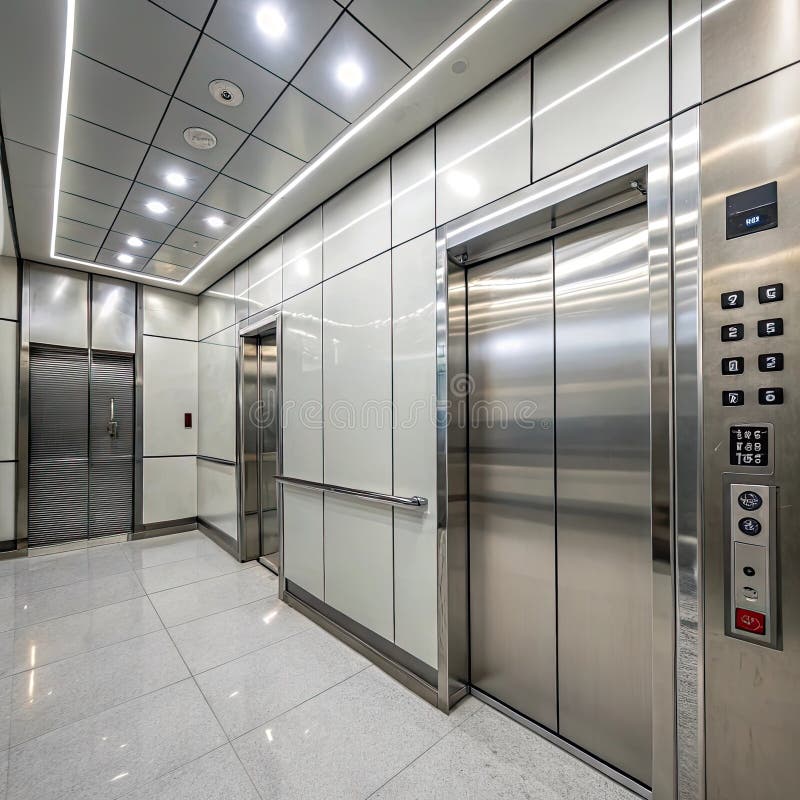 Modern Elevator in a Sleek Office Building, Featuring Glass Doors and a ...