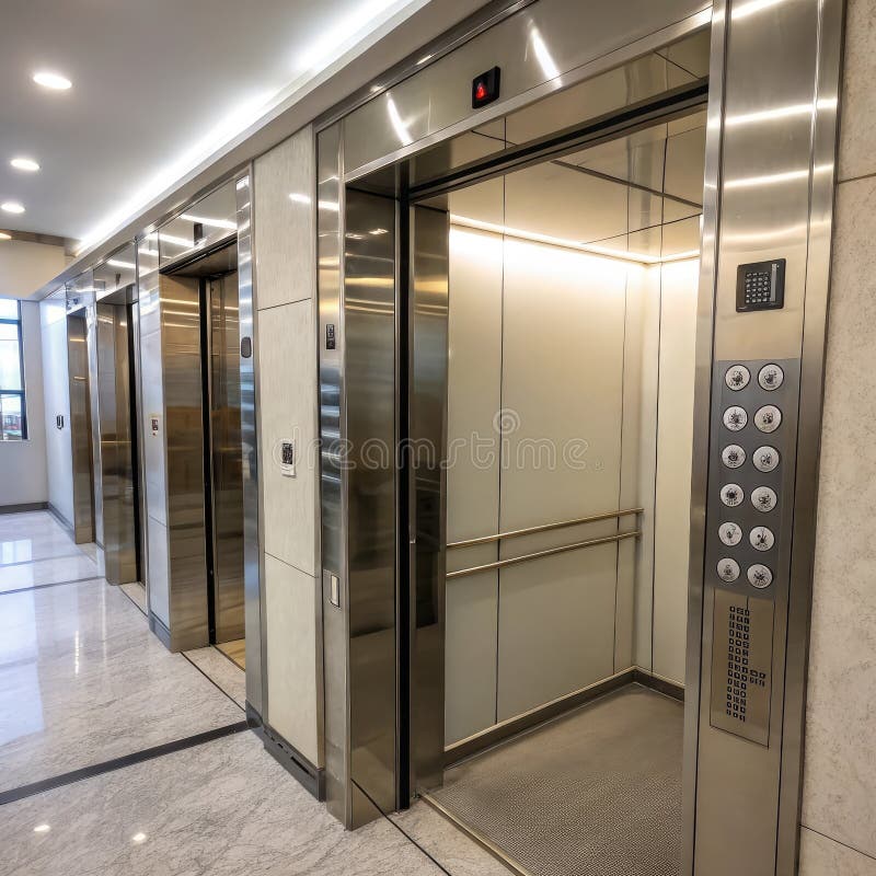 Modern Elevator in a Sleek Office Building, Featuring Glass Doors and a ...