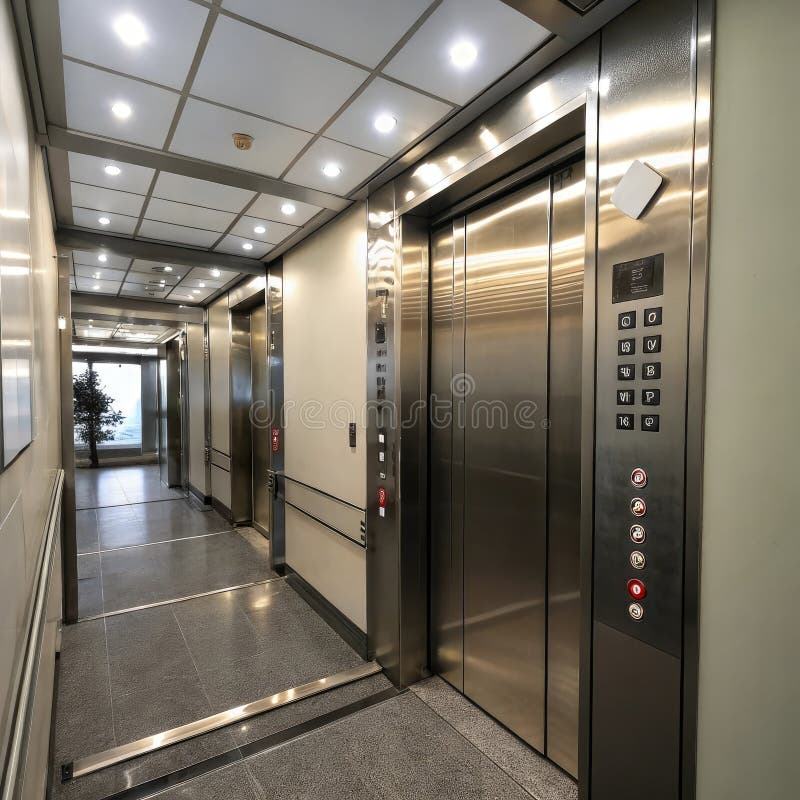 Modern Elevator in a Sleek Office Building, Featuring Glass Doors and a ...