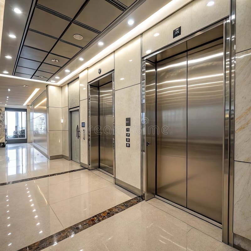 Modern Elevator in a Sleek Office Building, Featuring Glass Doors and a ...