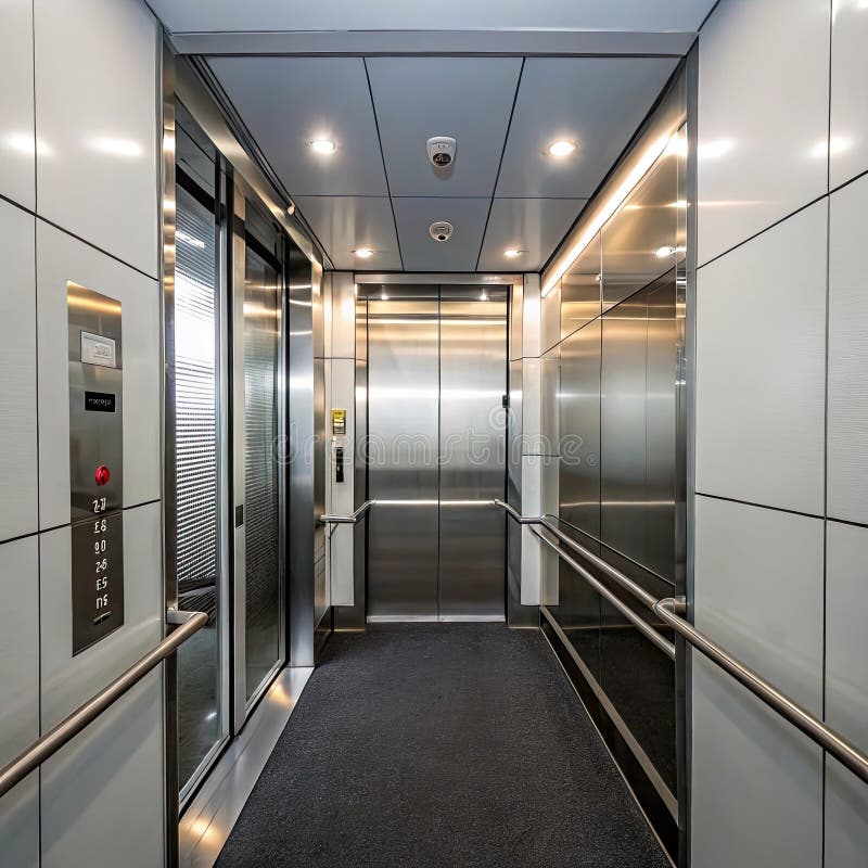 Modern Elevator in a Sleek Office Building, Featuring Glass Doors and a ...