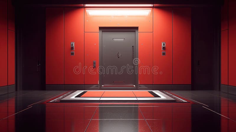 Modern Elevator Lobby with Bright Red Walls and Minimalist Design ...