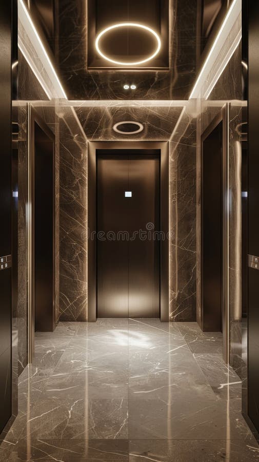 Modern Elevator Lobby Featuring Sleek Marble and Warm Lighting at Night ...