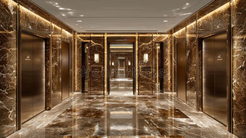 Modern Elevator Lobby with Marble Walls and Warm Lighting Stock ...
