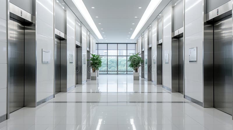 Modern Elevator Lobby with Polished Floors and Large Windows ...