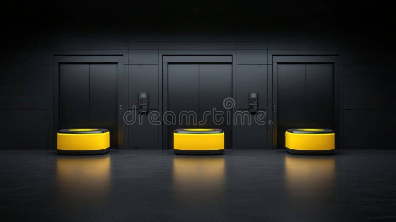 Modern Elevator Lobby with Three Doors and Stylish Yellow Illuminated ...