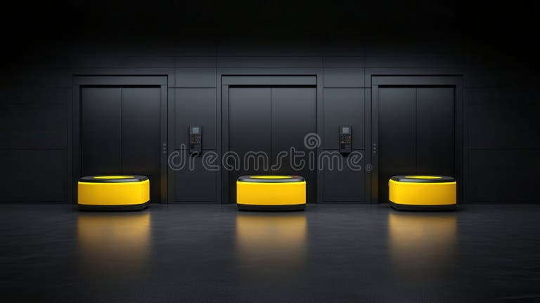 Modern Elevator Lobby with Three Doors and Stylish Yellow Illuminated ...
