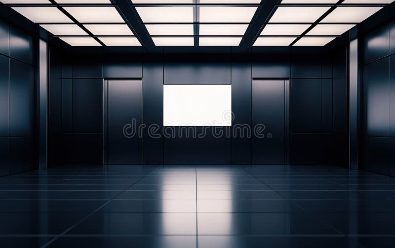 A Modern Elevator Lobby with Sleek Black Walls and Illuminated Ceiling ...
