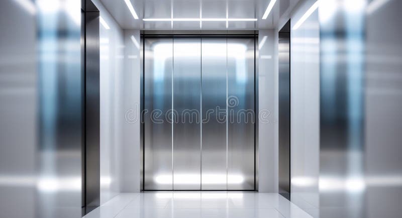 Modern Elevator in a Sleek Corridor Illuminated by Bright Overhead ...