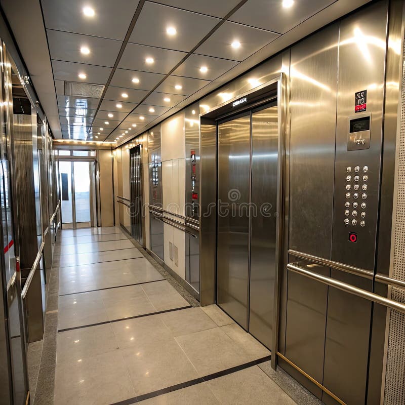 Modern Elevator in a Sleek Office Building, Featuring Glass Doors and a ...