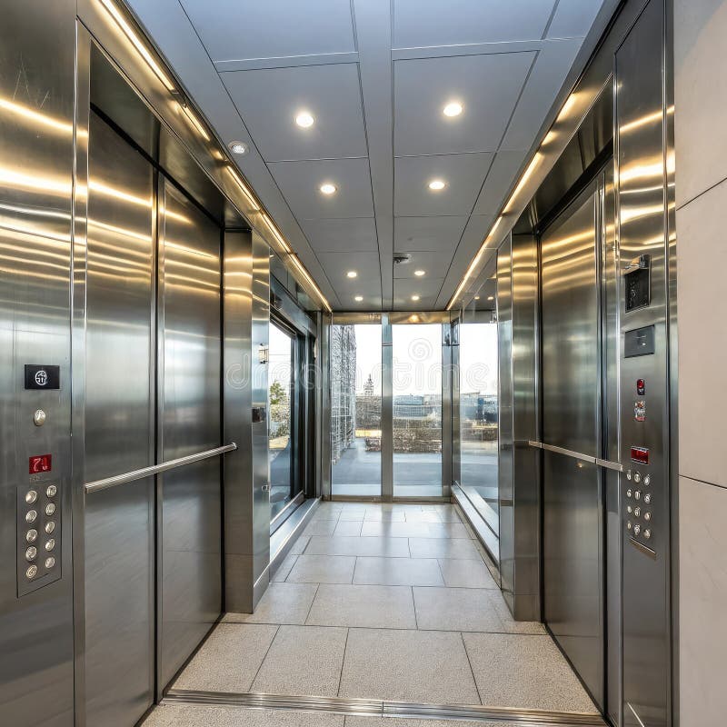 Modern Elevator in a Sleek Office Building, Featuring Glass Doors and a ...
