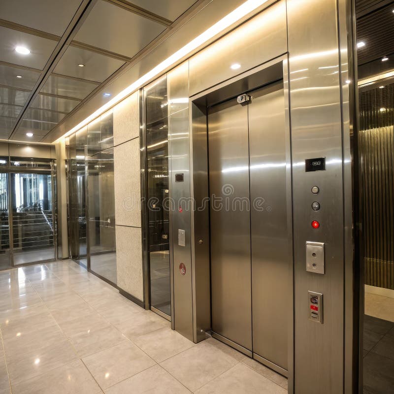 Modern Elevator in a Sleek Office Building, Featuring Glass Doors and a ...