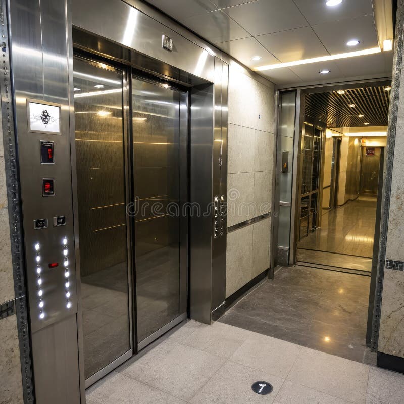 Modern Elevator in a Sleek Office Building, Featuring Glass Doors and a ...