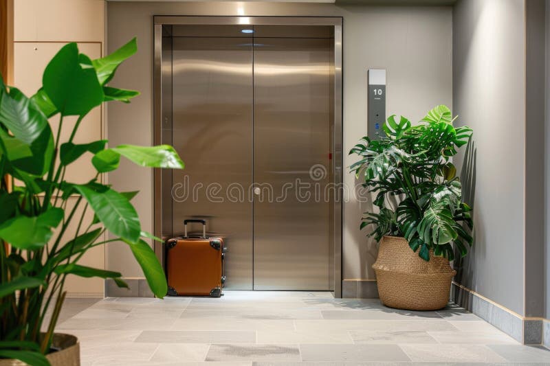 A Modern Elevator with a Small Plant or Herb Growing Next To it Stock ...