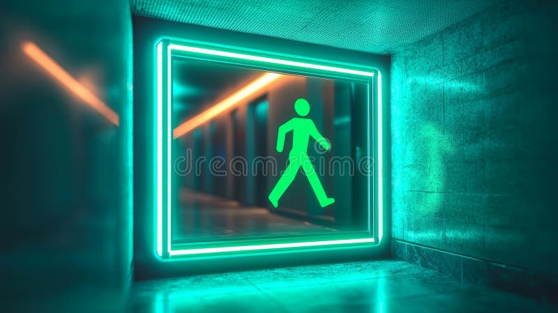 Modern Emergency Exit Sign Green Pictogram of Running Figure is Mounted ...