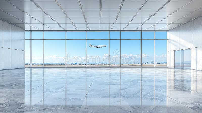 Modern Empty Airport Terminal, Panoramic Windows with Cityscape View ...