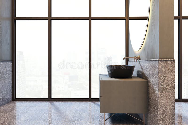 Modern Empty Bathroom Interior with Stylish Black Sink and Large Mirror ...