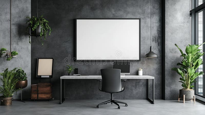Modern Empty Blank Interior Office Room for Work Mockup FrameMinimalistic Concrete Coworking ...