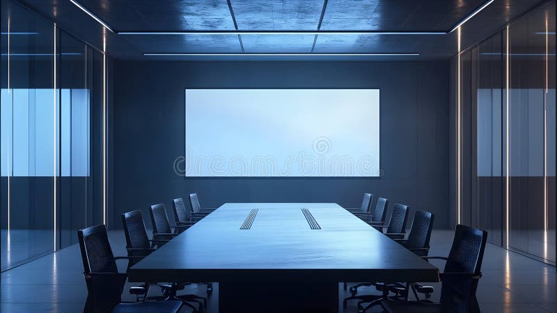 Modern Empty Boardroom with Large Table Chairs and Screen with Blue Hue ...