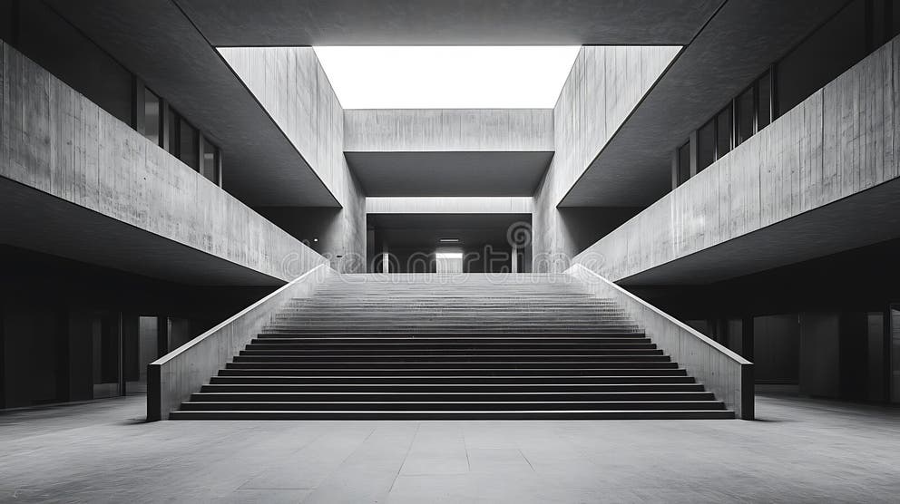 Modern Empty Building Featuring Large Concrete Stairs and Minimalistic Design, Creating Sense of ...
